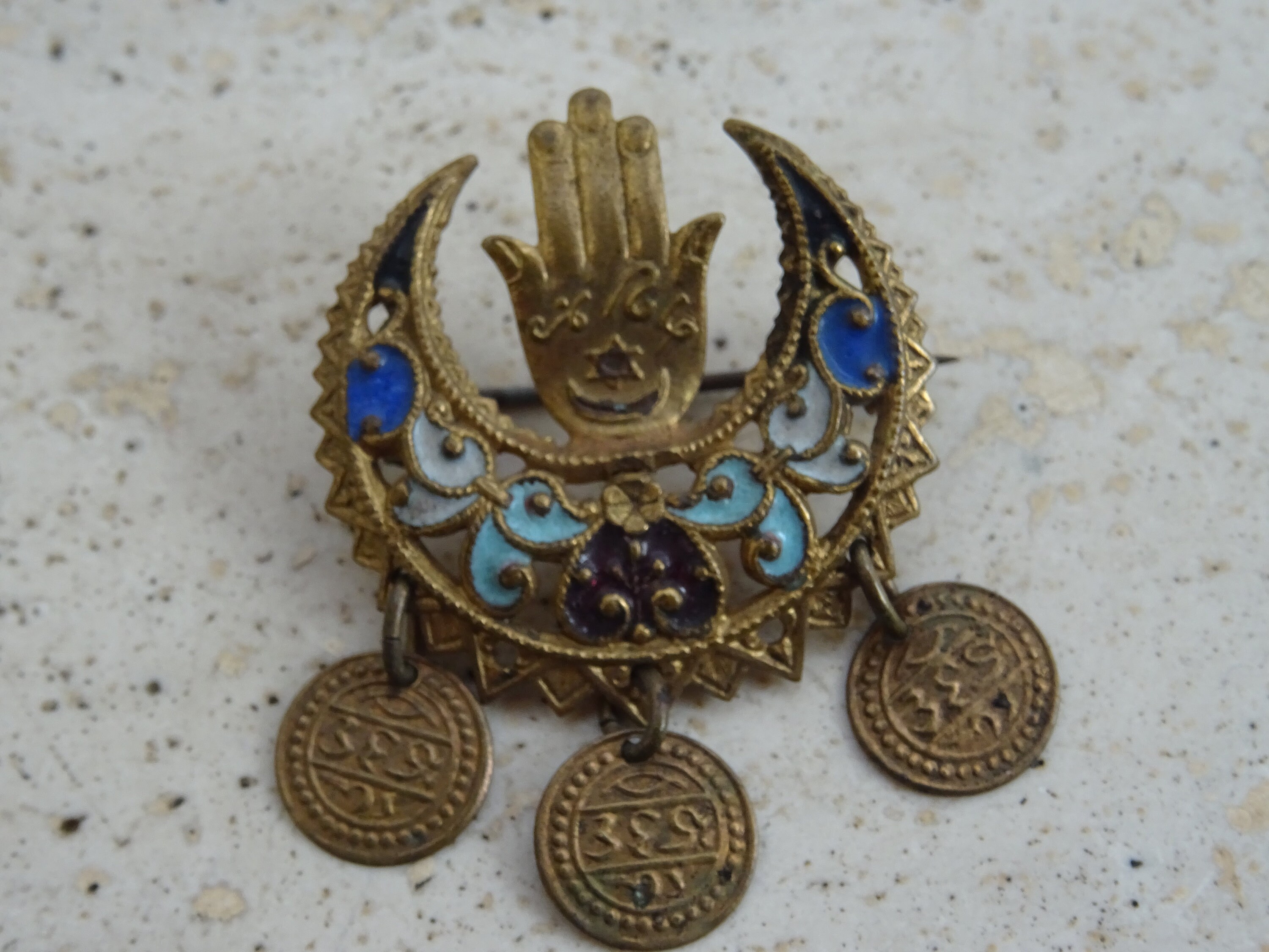 Religious Turkish Vermeil Brooch of a Hand in a Half Moon With 3 Medals ...