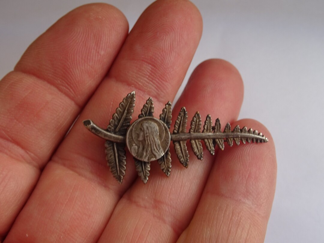 Religious Antique French Silver Plated Catholic Brooch Shape of Fern of ...