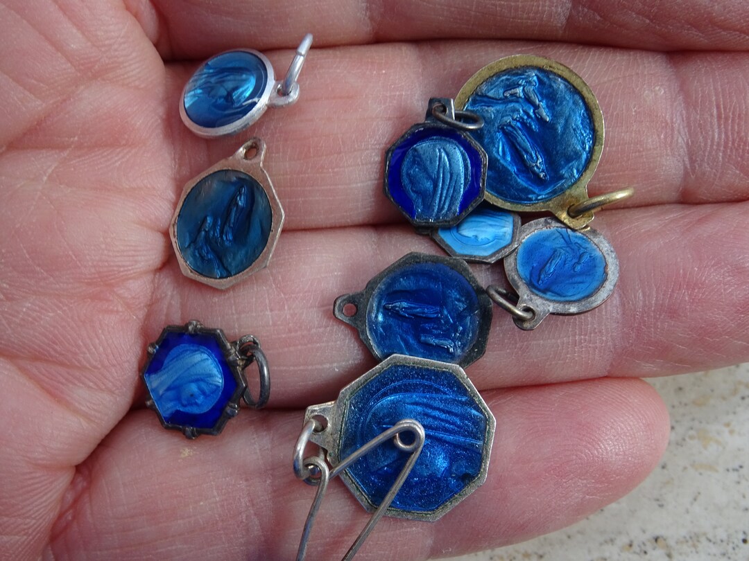 9 Religious Antique French Silver Plated Catholic Enameled Medals ...