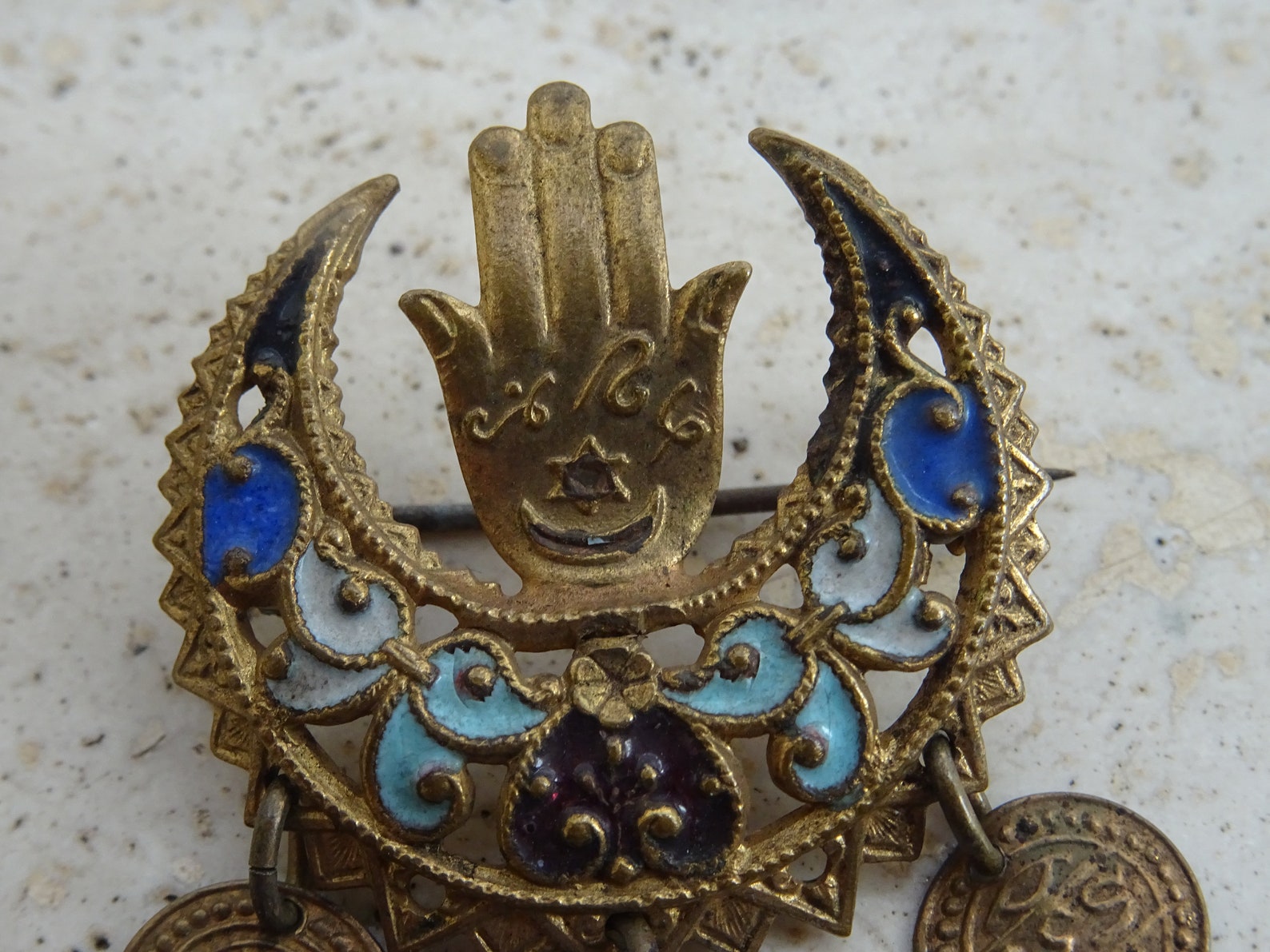 Religious Turkish Vermeil Brooch of a Hand in a Half Moon With 3 Medals ...