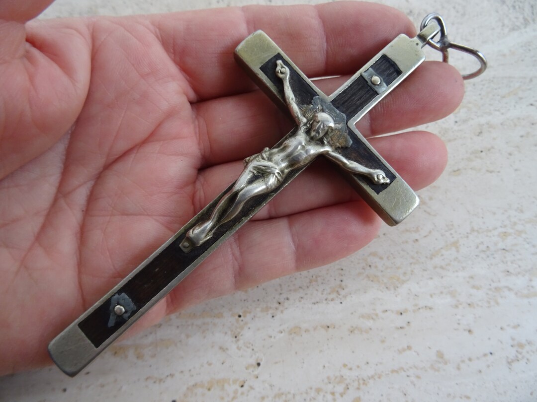 Big Religious Antique French Silver Plated Crucifix Pendant Cross Jesus ...