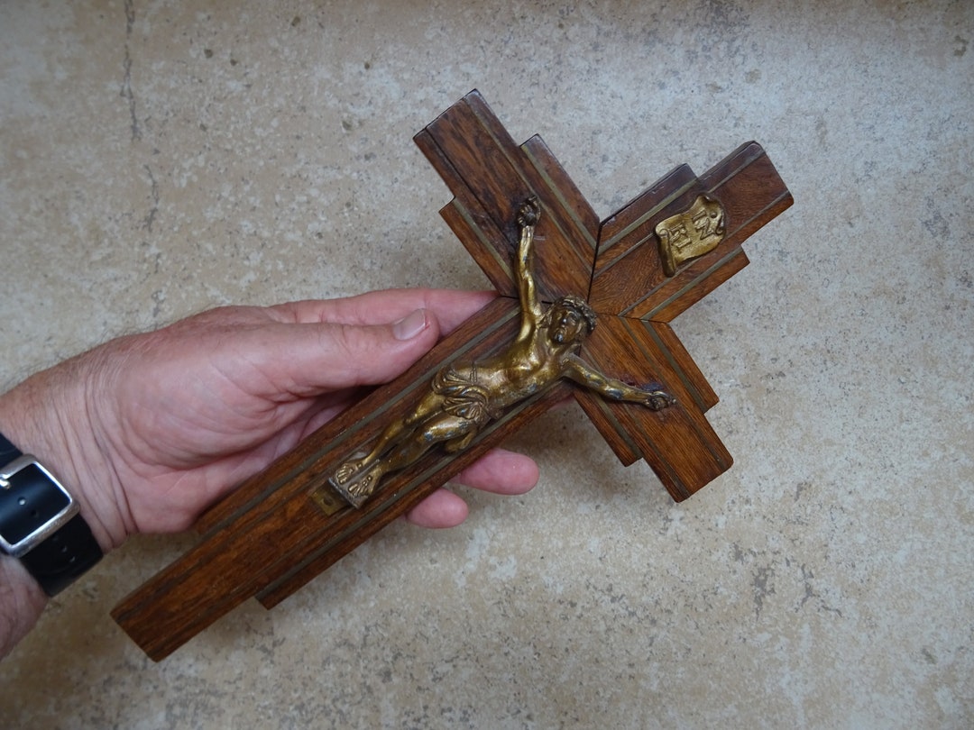 Huge Religious French Catholic Art Niveau Wooden Cross Crucifix Pendant ...
