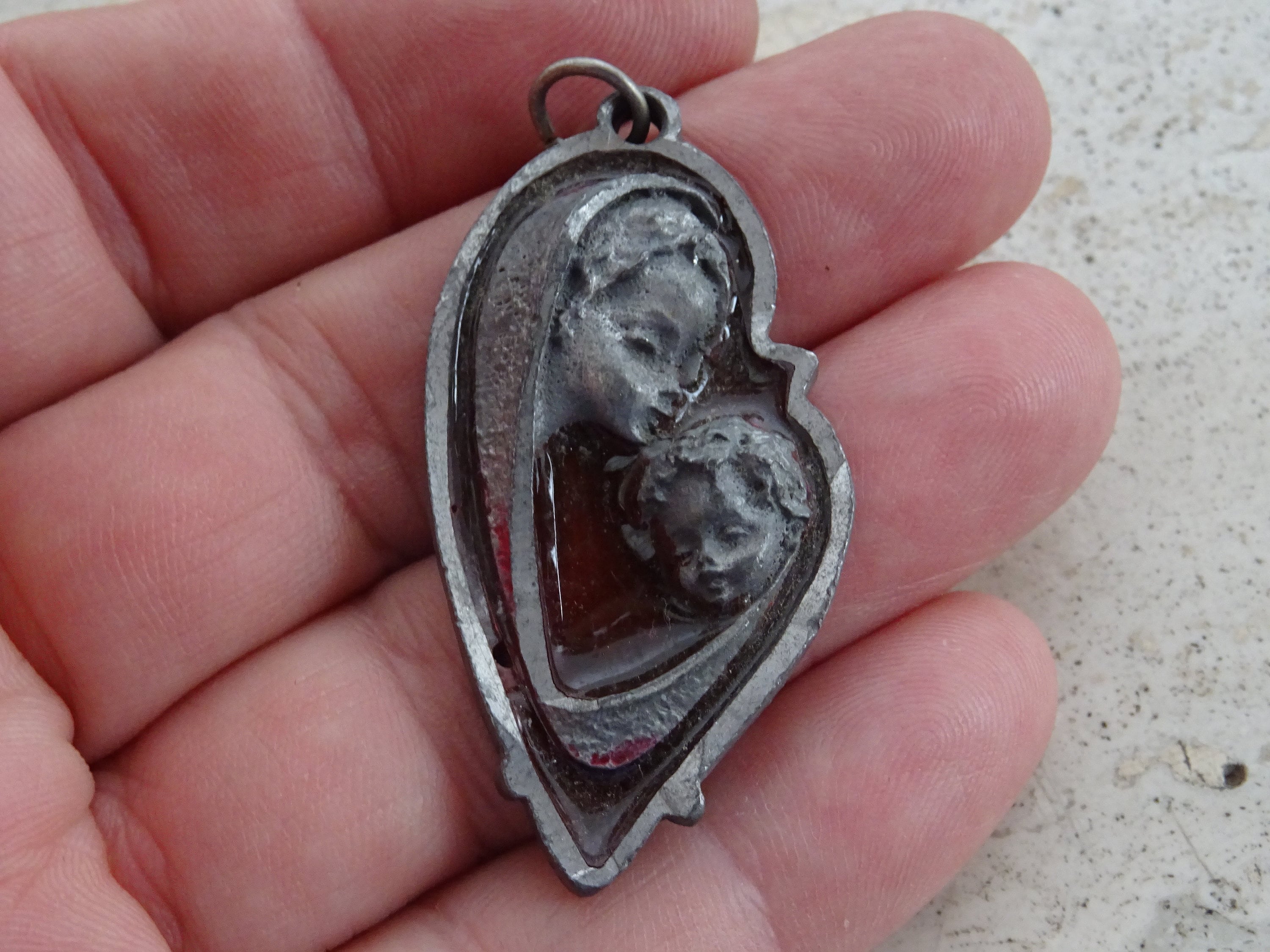 Religious Silvered Red Enameled Catholic Charm Pendant Medallion Medal ...