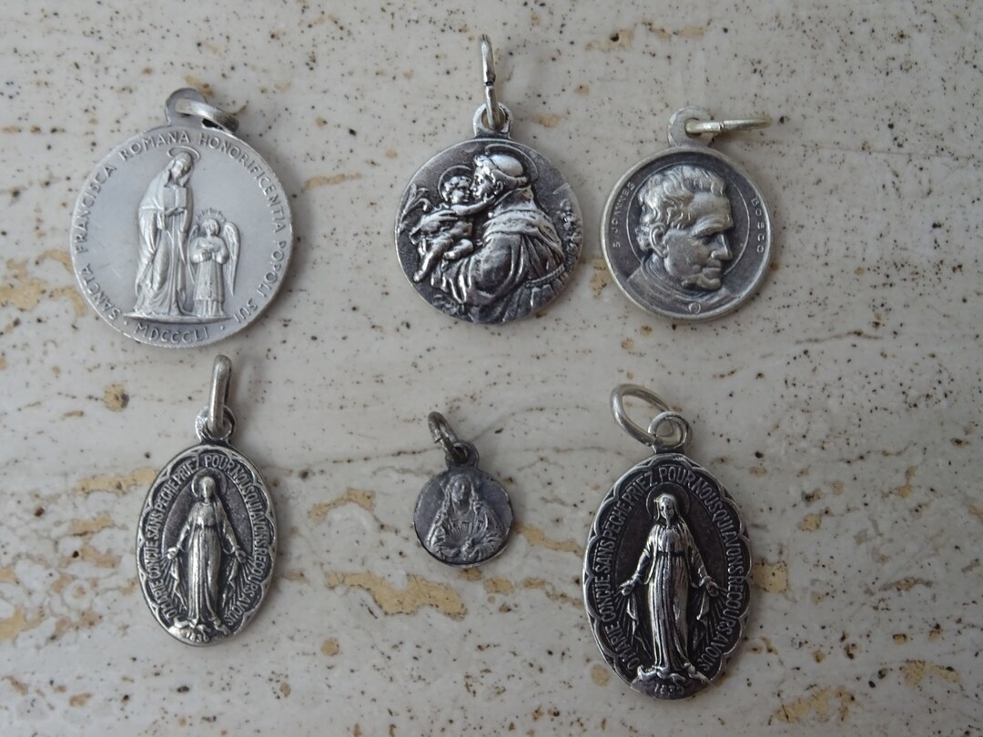 Lot of 60 Religious French Catholic Silvered Heavy Metal Medals ...