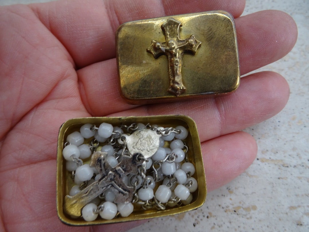 Religious Antique French Copper Catholic Rosary Holder Case Miniature ...