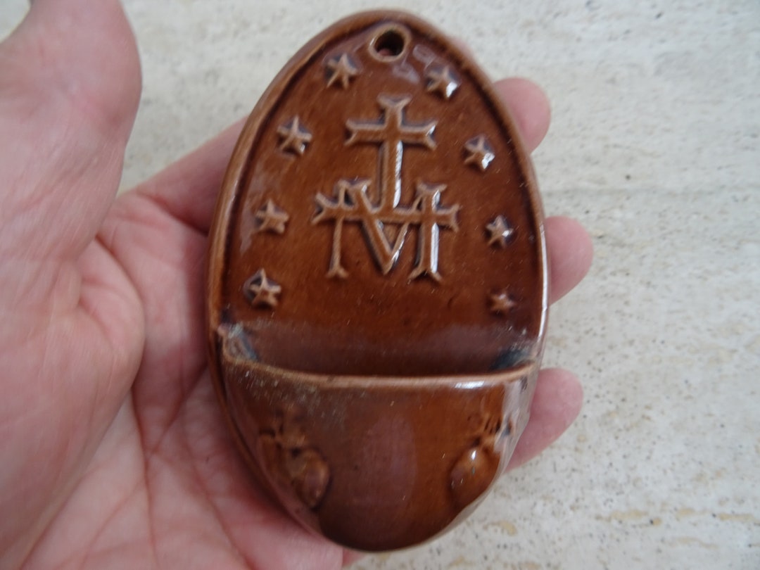 Religious Catholic French Glazed Ceramics Pottery Holy Water Font Stoup ...