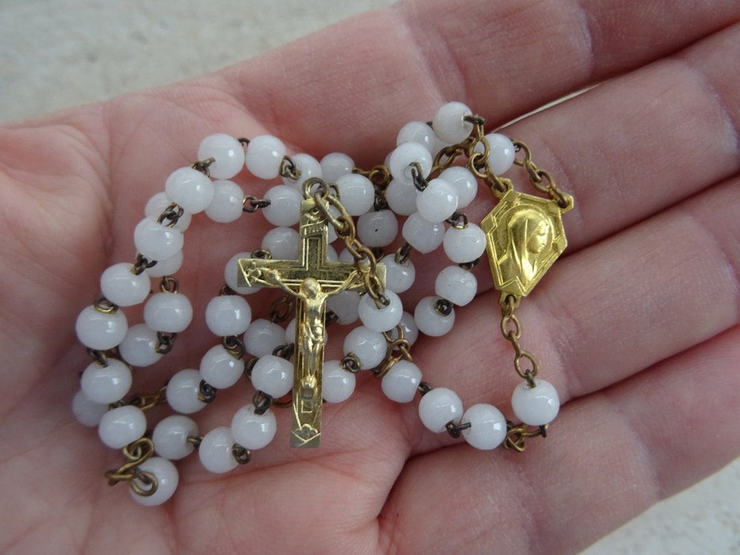 Religious Antique French Catholic Rosary With White Beads of Glass With ...