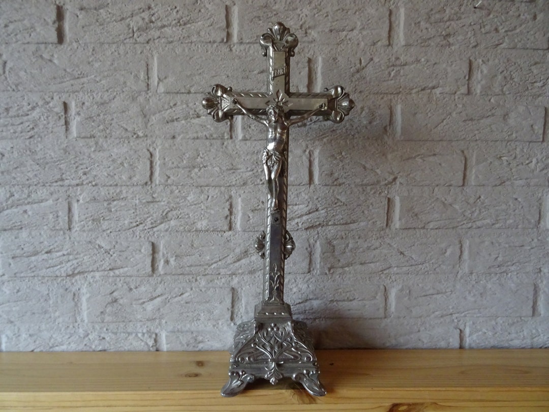 Religious Antique French Catholic Silvered Altar Standing Cross ...