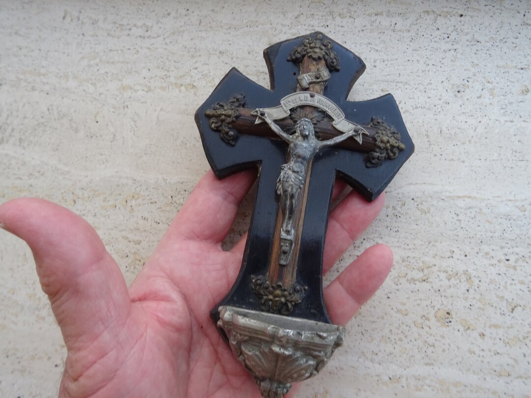 Religious Antique French Catholic Wooden Holy Water Font Stoup Cross ...