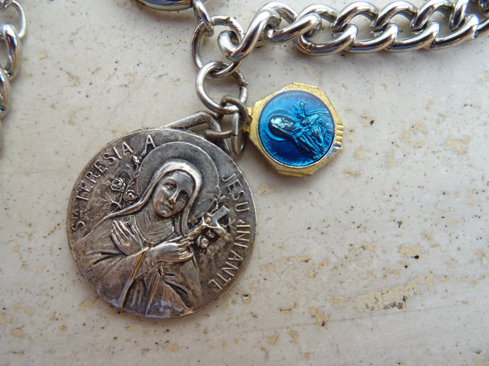 Religious Vintage Silver Plated Catholic Pocket Watch Chain With Charms ...