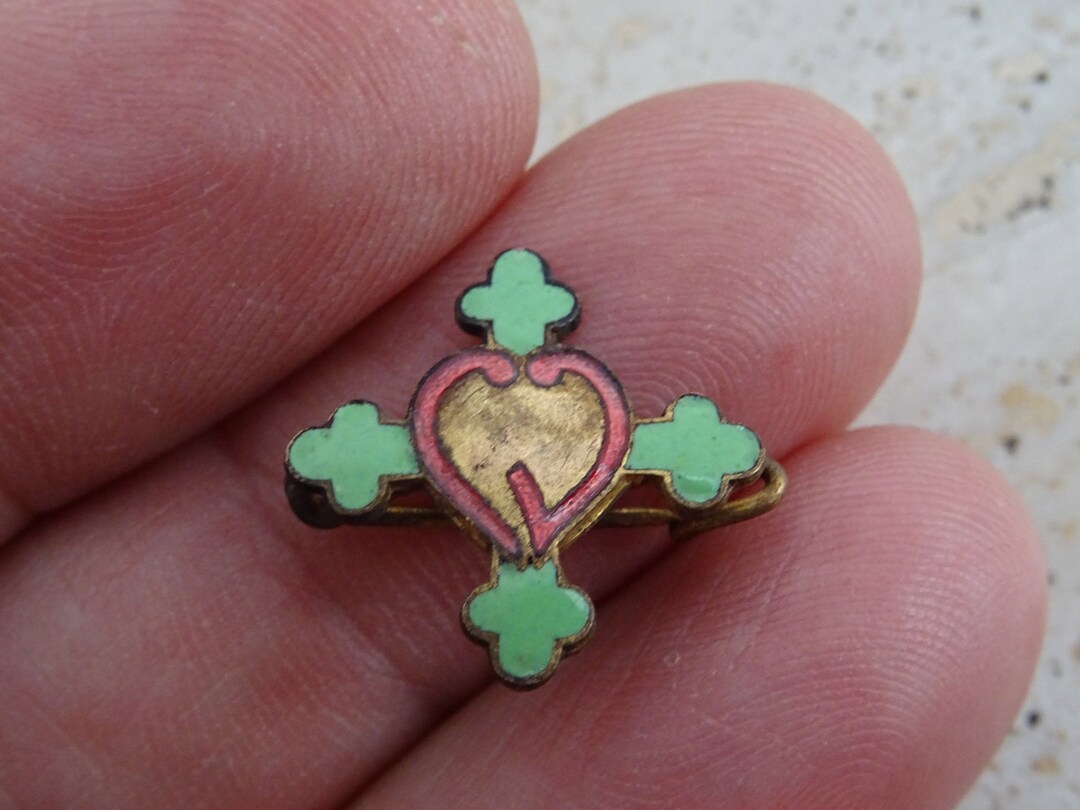 Religious Antique French Copper Enameled Catholic Brooch of a Heart ...