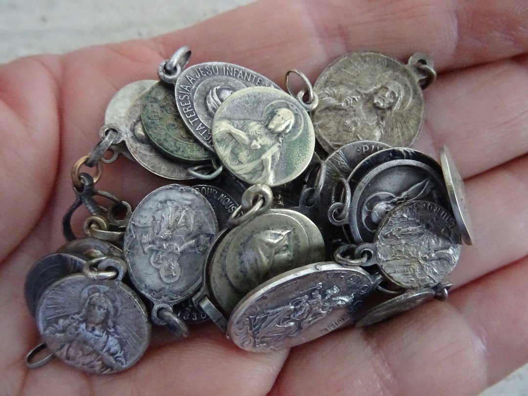 24 Religious Antique French Catholic Silver Plated Medals Pendants ...