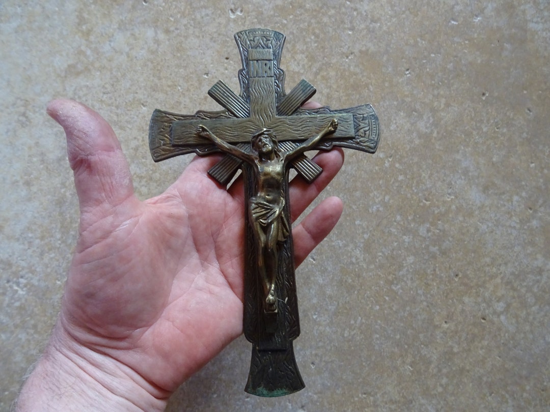 Big Religious Antique French Catholic Copper Crucifix Pendant Cross ...