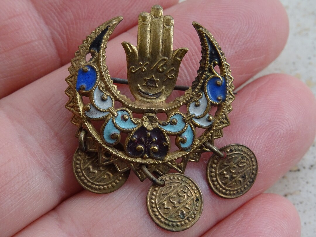 Religious Turkish Vermeil Brooch of a Hand in a Half Moon With 3 Medals ...
