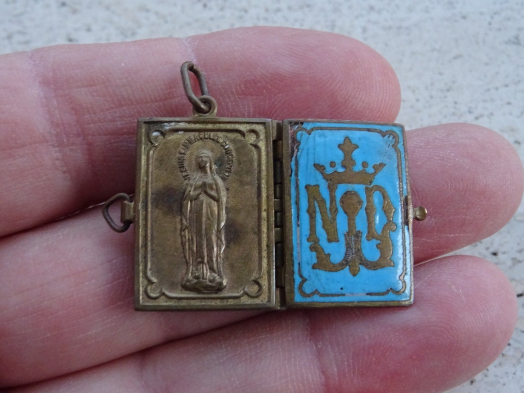 Antique Religious French Copper Enameled Booklet Locket Relic Shrine of ...