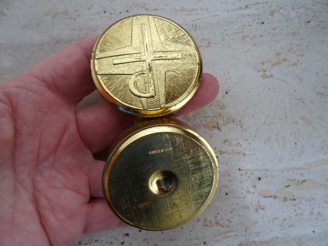 Vintage Catholic Communion Pyx Gold Tone Chi Rho Christogram Cross Host ...