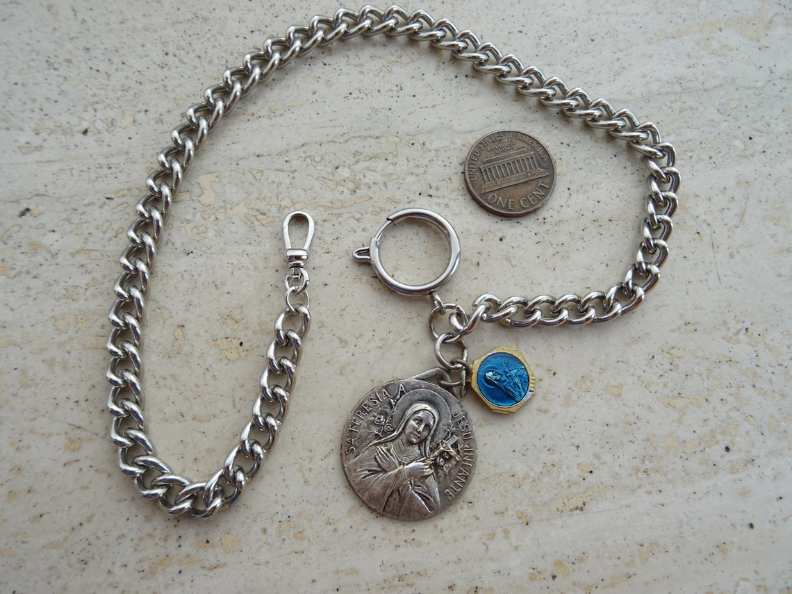 Religious Vintage Silver Plated Catholic Pocket Watch Chain With Charms ...