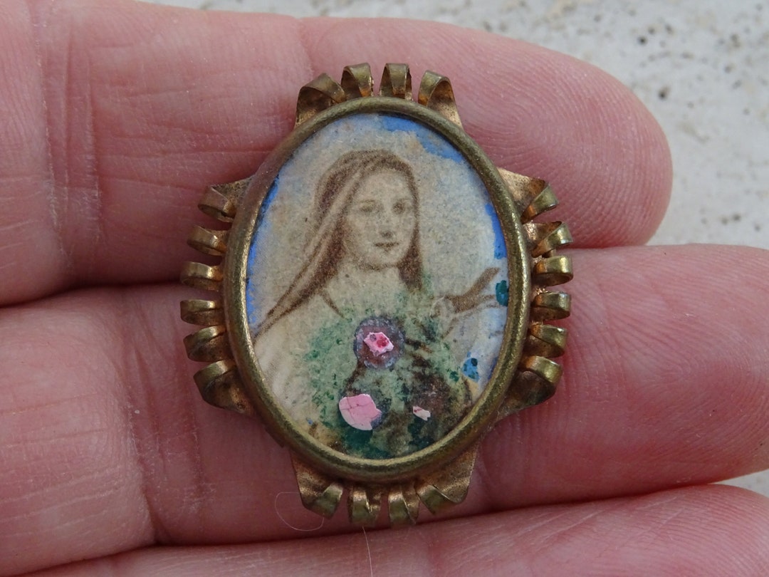 Religious Antique French Copper Brooch With Photo Picture of Saint ...