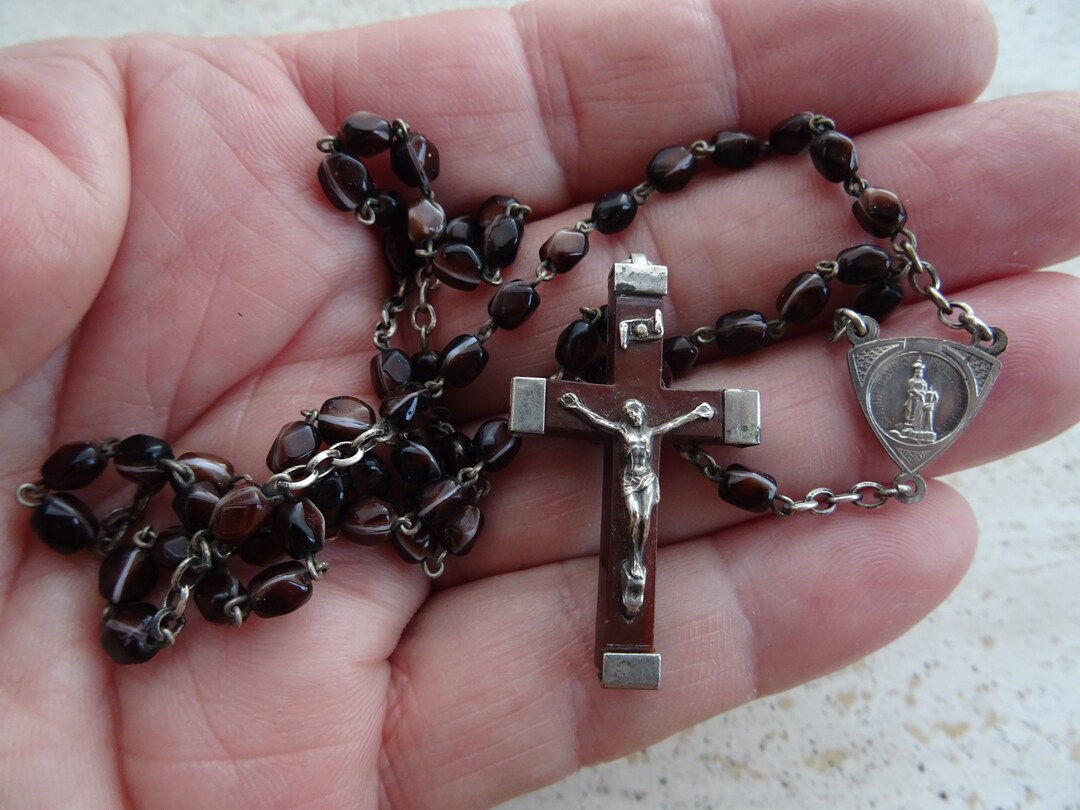 Religious Antique French Rosary With Brown Glass Beads and Silver ...