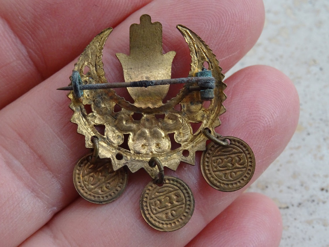 Religious Turkish Vermeil Brooch of a Hand in a Half Moon With 3 Medals ...