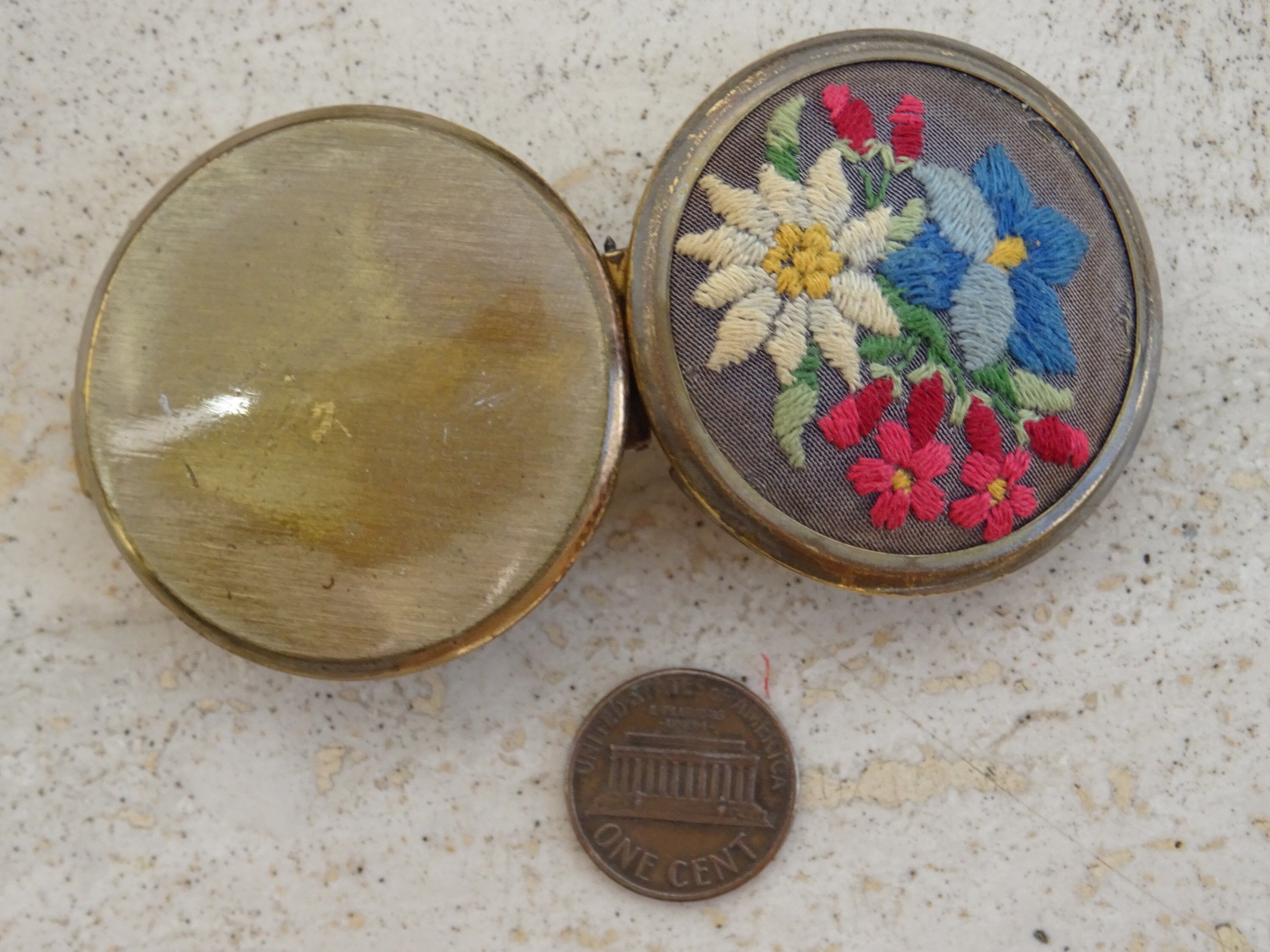 Vintage French Copper Pocket Shrine Box Rosary Holder With Embroidered ...
