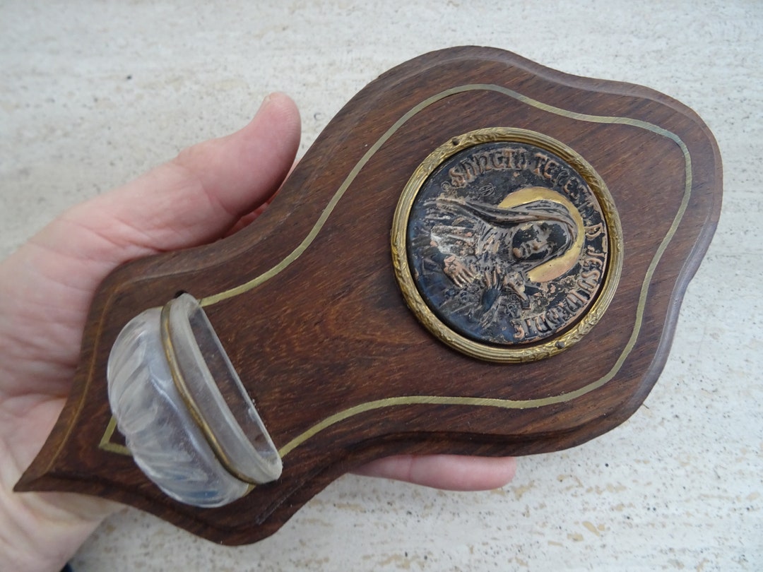 Religious Antique French Catholic Wooden Holy Water Font Stoup of Glass ...
