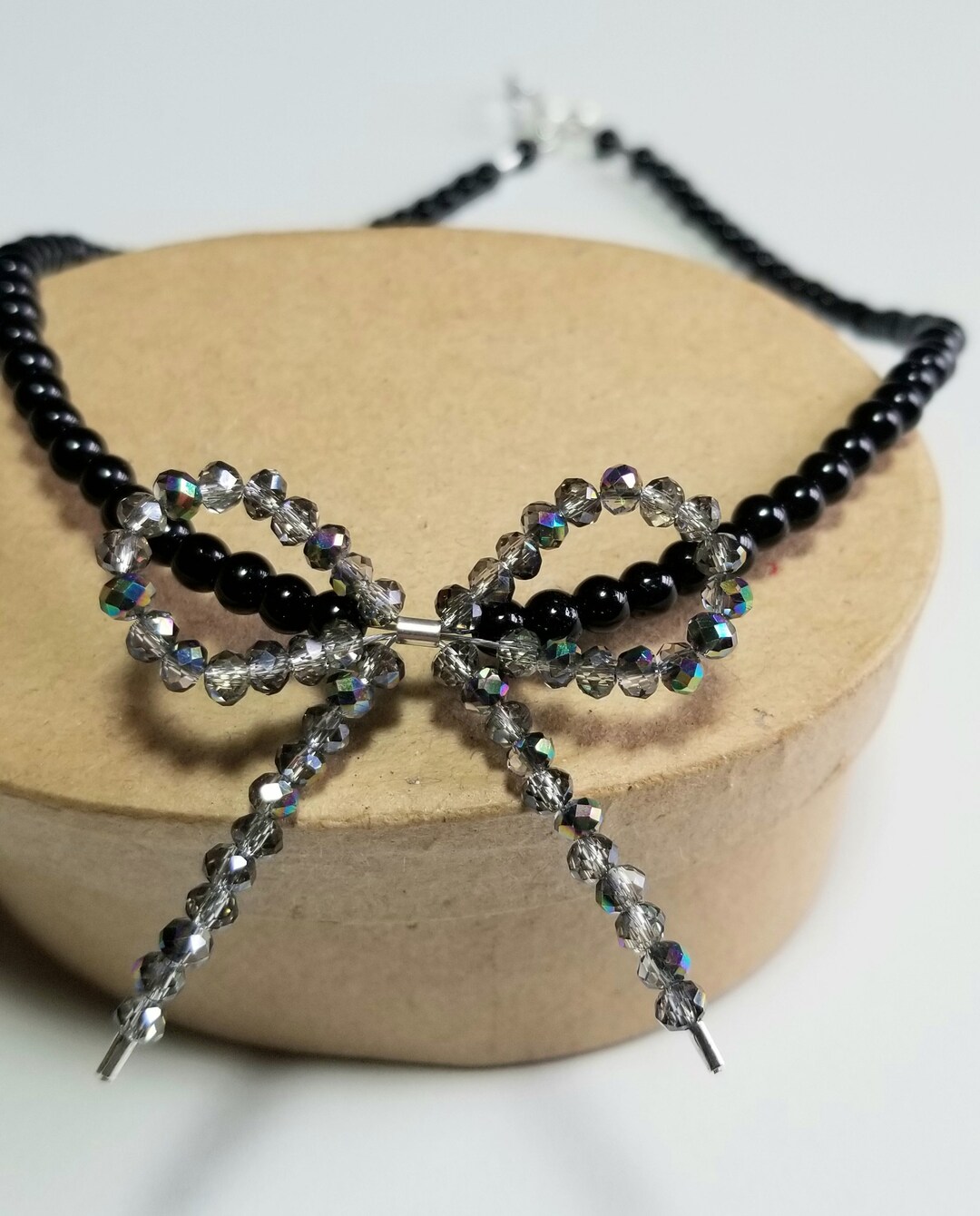 Beaded Bow Necklace Smoky AB Round Glass Crystals and Black Glass Beads ...