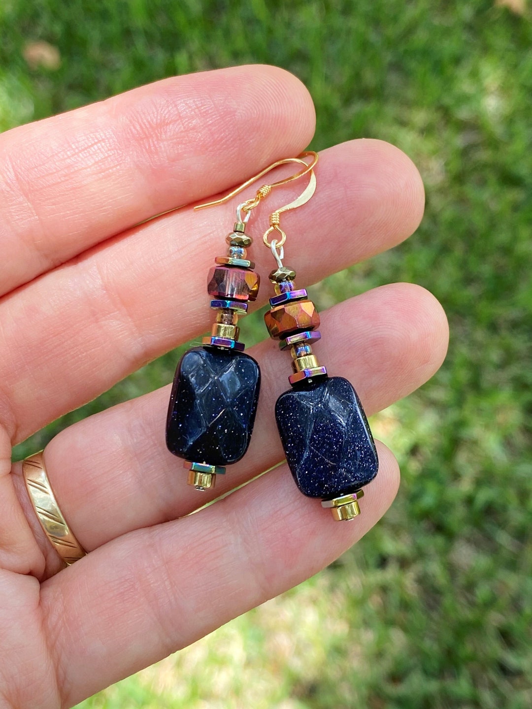 Sparkly Faceted Blue Sandstone Multicolor Glass and Gold Hematite ...