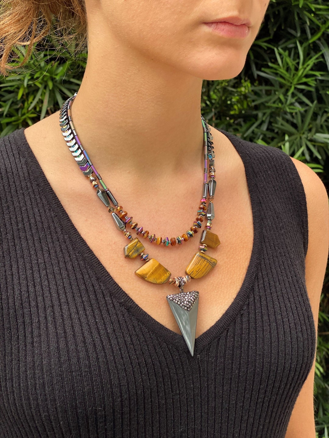 Stylish Hematite Tigers Eye Statement Necklace 30th 40th 50th Birthday