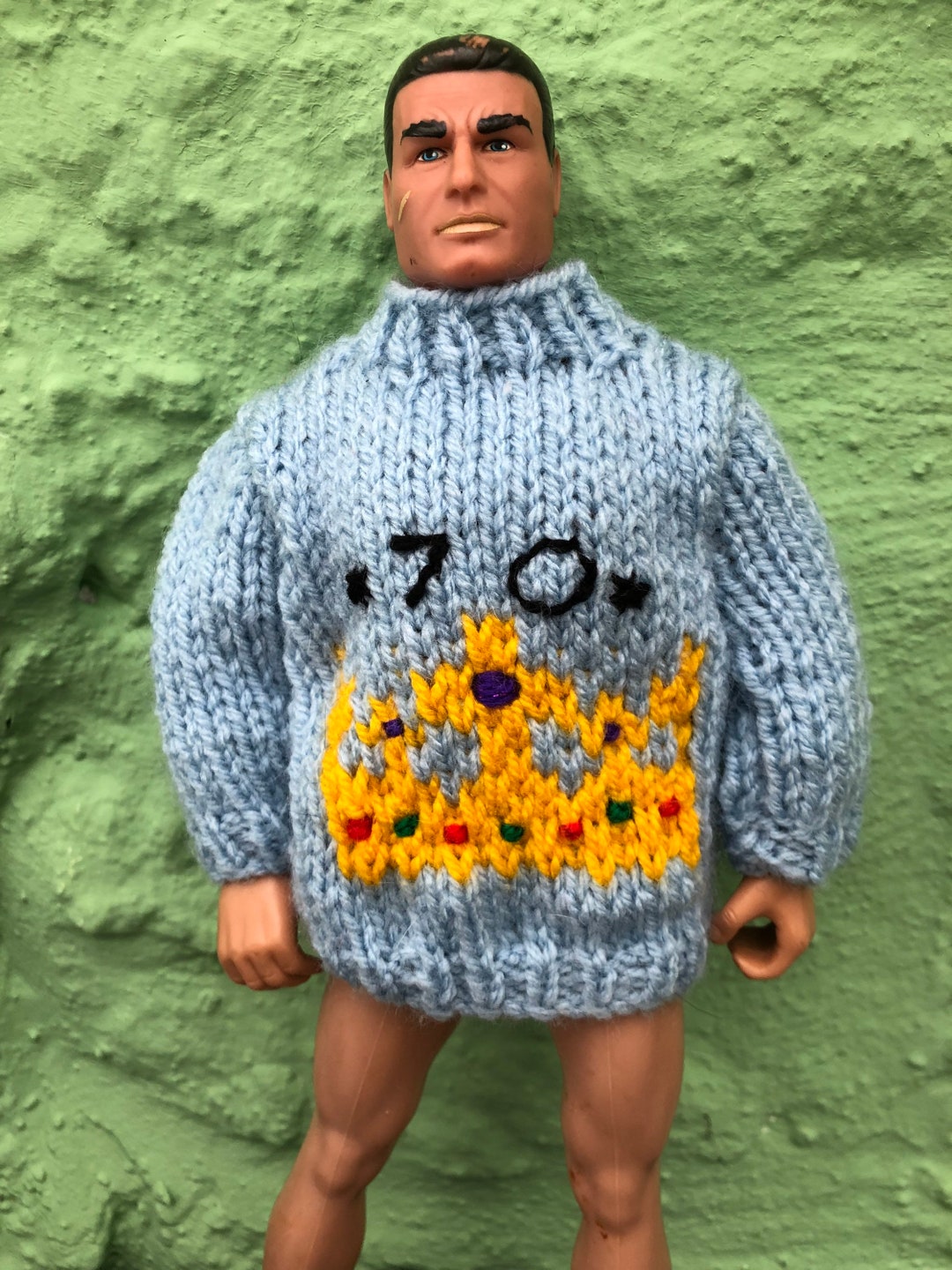 Action Man Blue Hand Knit Platinum Queens Jubilee 70 Years Crown Jumper ...