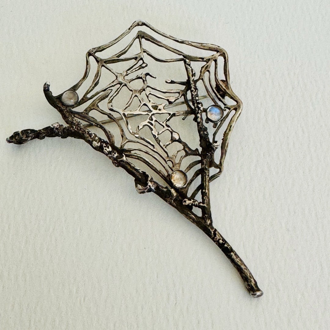 Spider Web Pin, Sterling Silver, Moonstones, Brutalist Brooch, Goth - Etsy