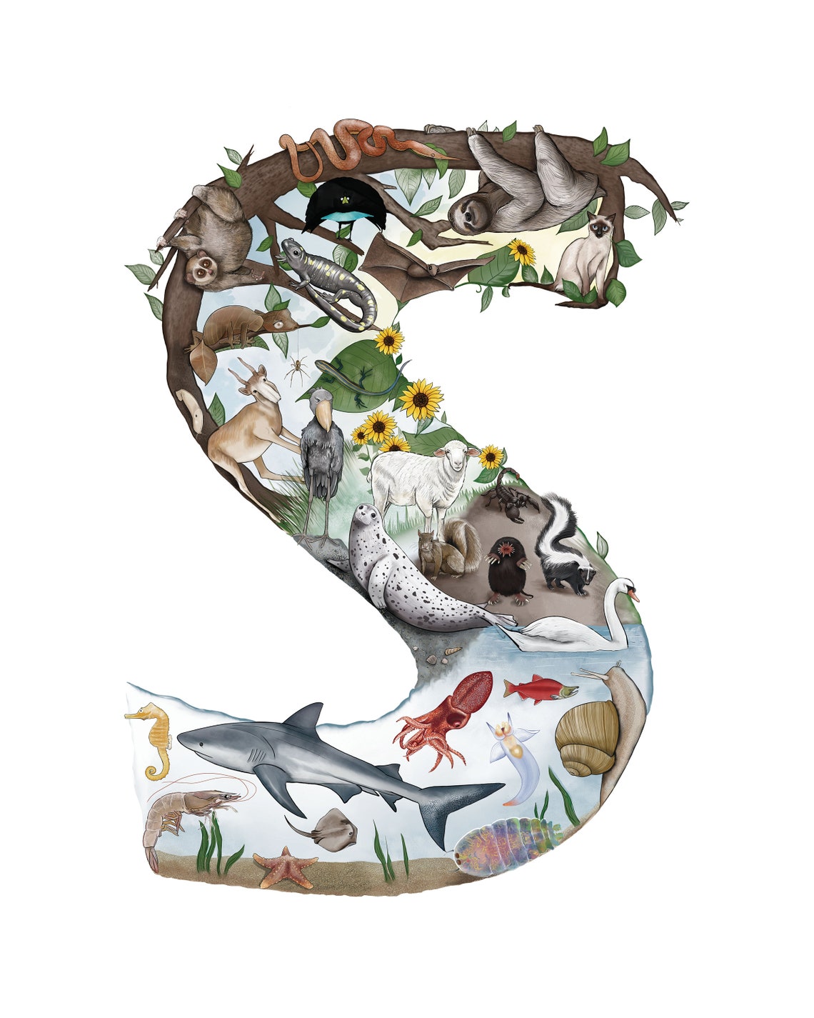 Animal Art Print Letter S Animals That Begin With S - Etsy