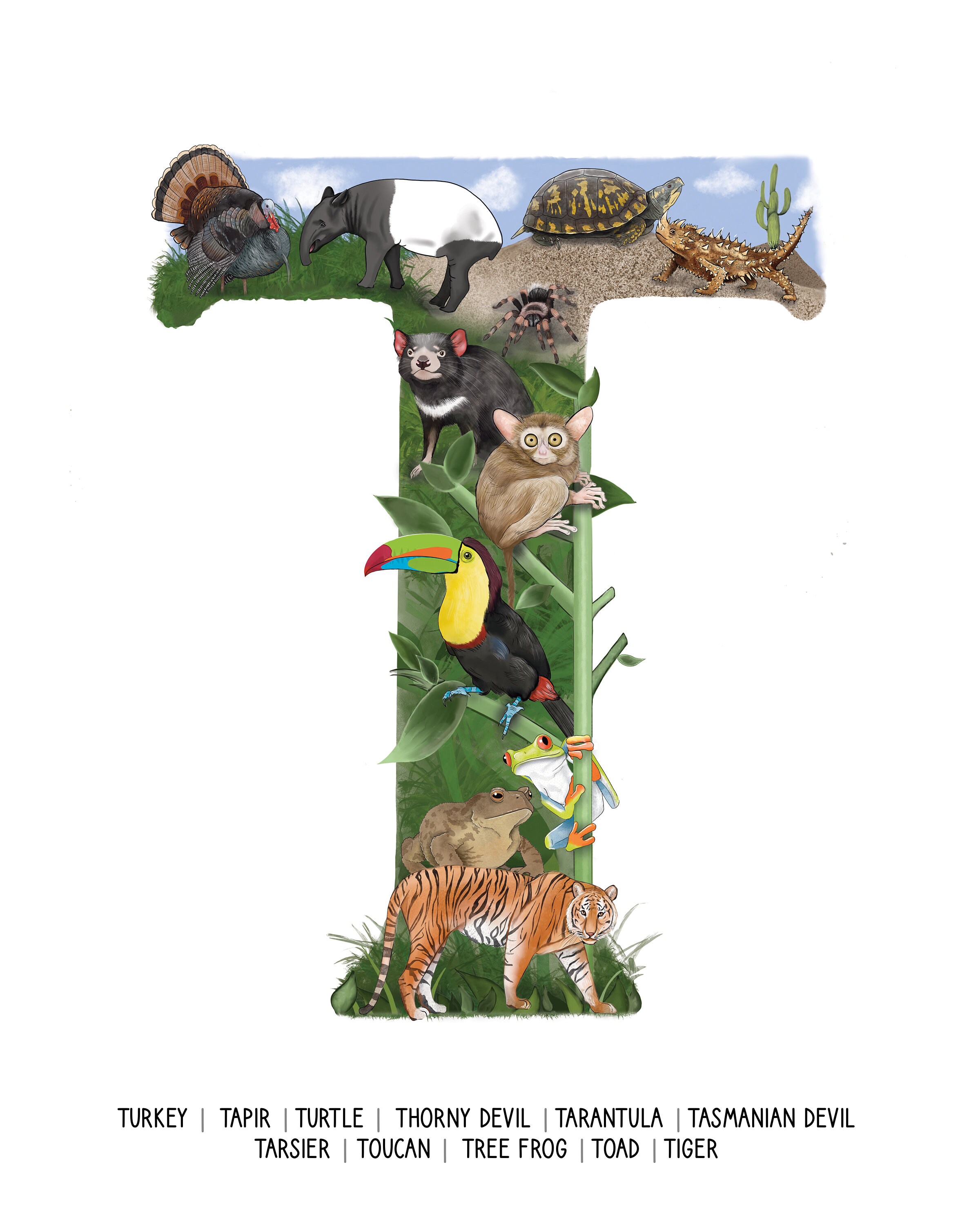 Animal Art Print Letter T Animals That Begin With T - Etsy