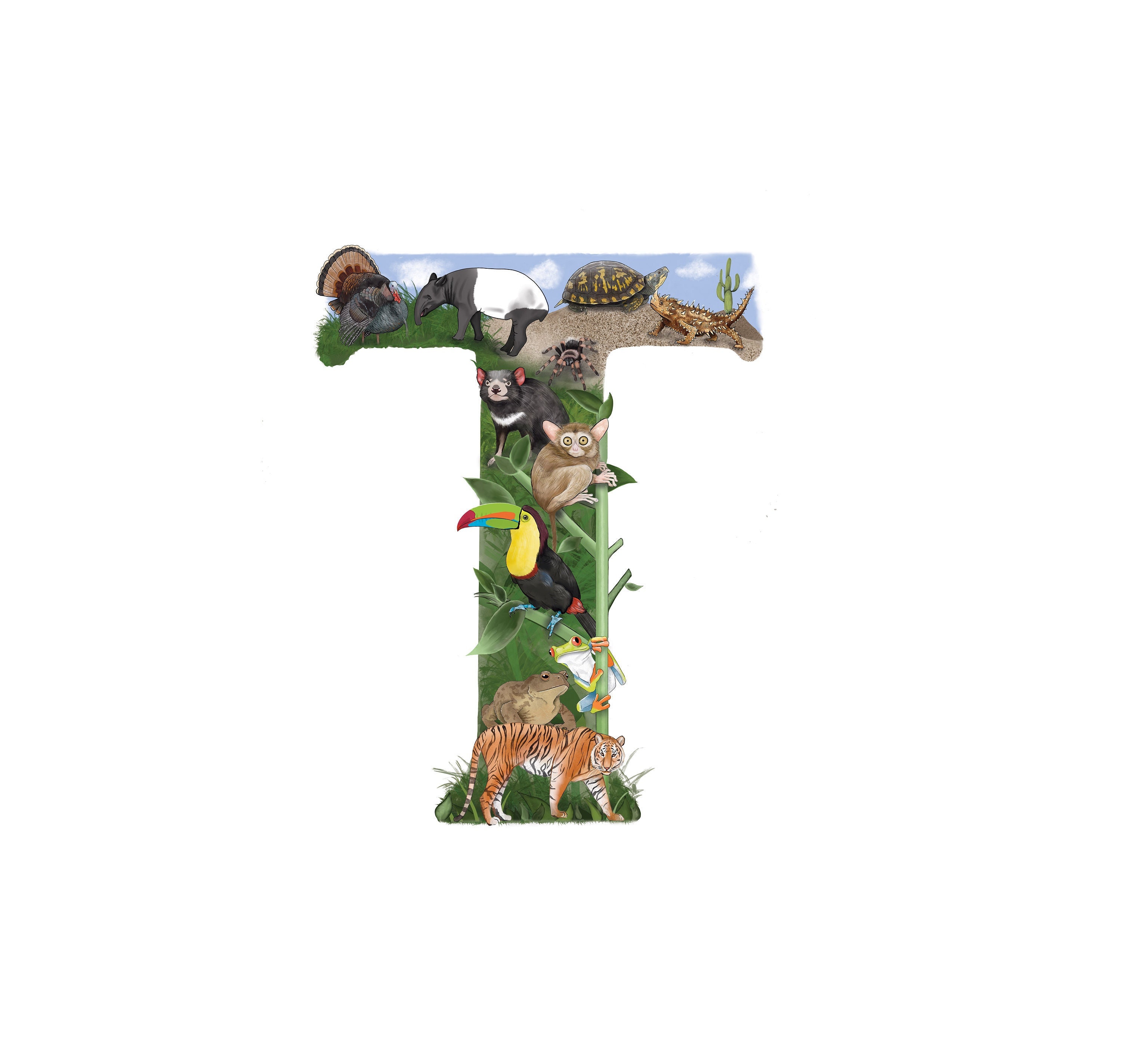 Animal Art Print Letter T Animals That Begin With T - Etsy