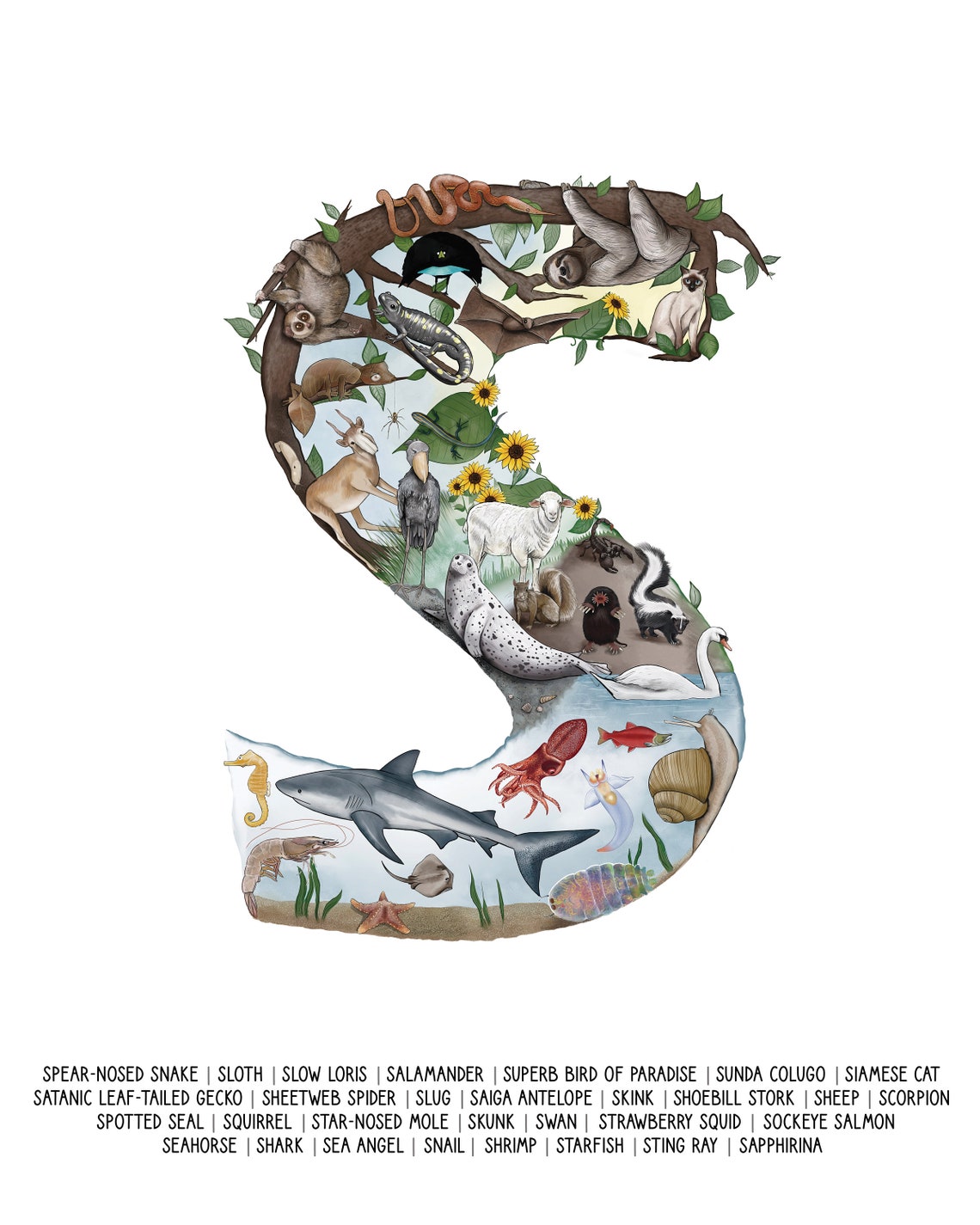 Animal Art Print Letter S Animals That Begin With S - Etsy