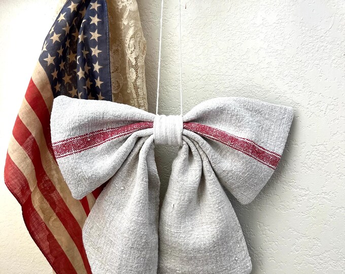 Antique Grain Sack Bow - Red Stripe - Wreath Decor Peg Hanger Neutral ...