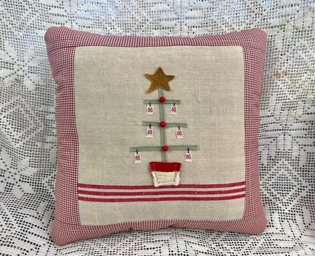 Christmas Feather Tree Grain Sack Red Stripe French Labels Pillow ...