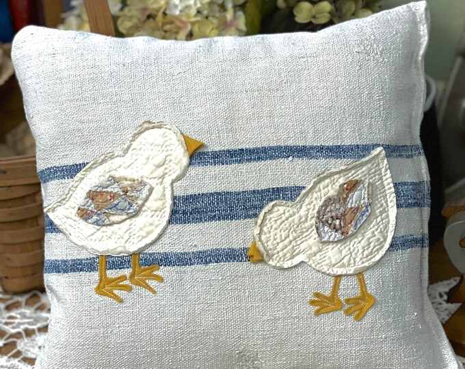 Antique Grain Sack Barnyard Chicks Pillow Blue Stripe Antique Quilt ...
