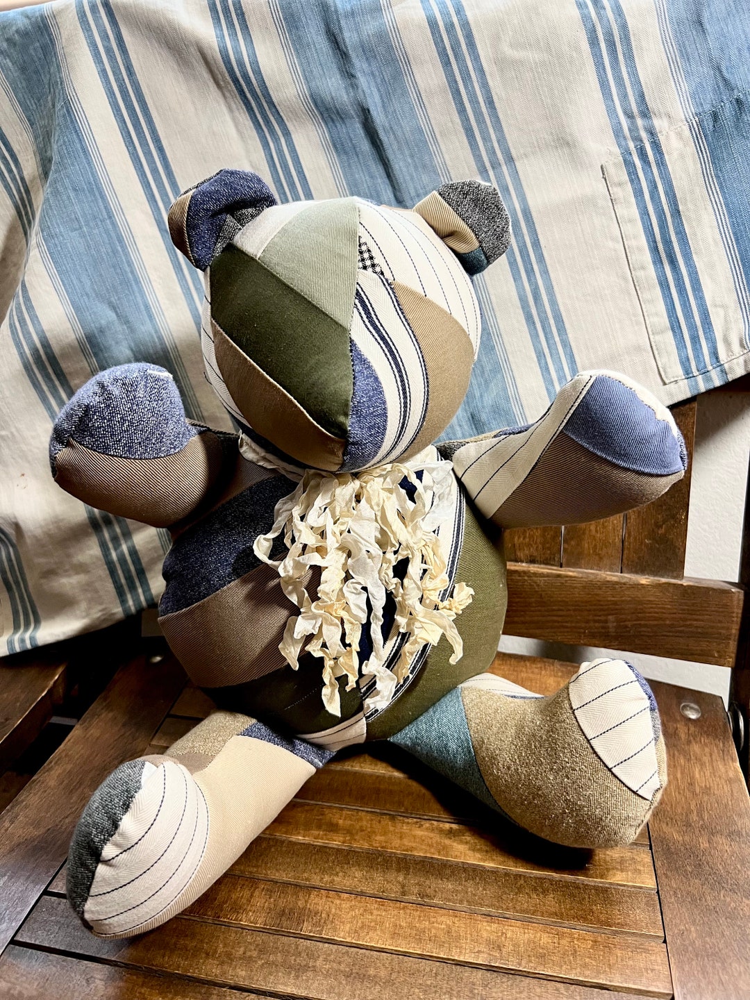 Vintage Denim Ticking Quilt Teddy Bear Large Handmade Farmhouse Country ...