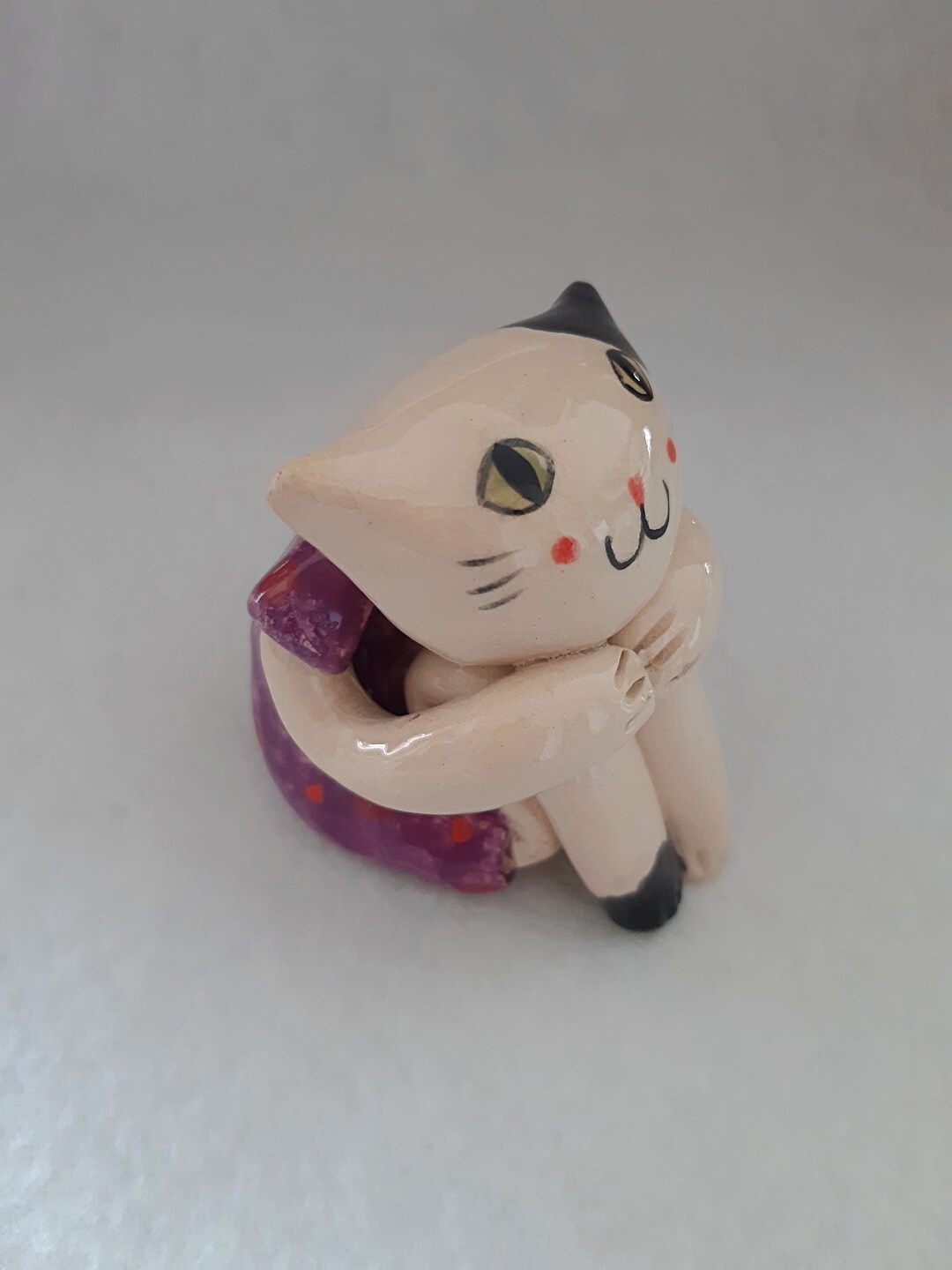 Handmade Pottery Cat Figurine: Colorful Kitten Sculpture, Cat Lady Gift ...