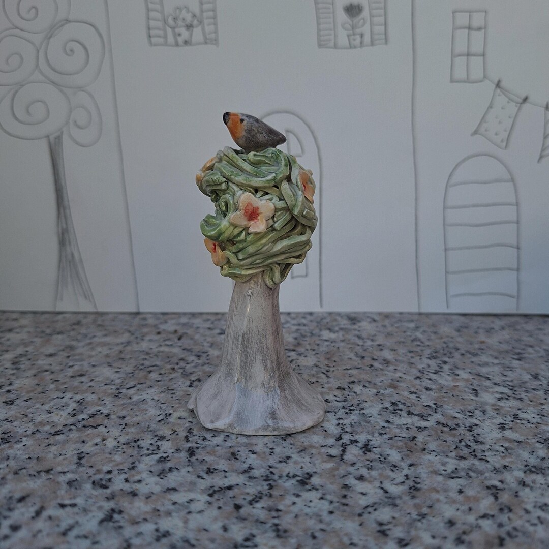 Miniature Pottery Tree With Robin, Pottery Village Tree, Small Ceramic ...