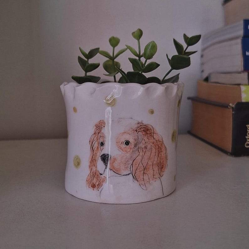 Handmade Cavalier King Charles Pottery Planter: Hand-painted Dog Decor ...