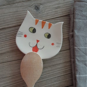 Personalised Cat Spoon Holder, Personalised Pottery Cat Spoon Rest, Cat ...