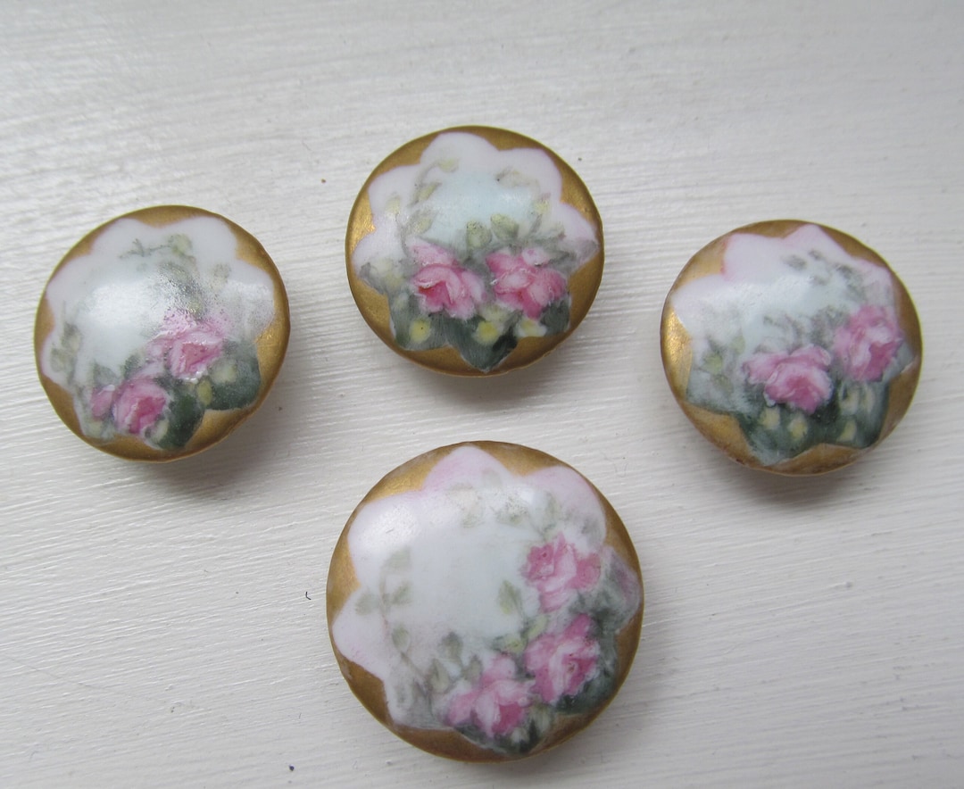 1890s 1900 Round Hand Painted Porcelain Stud Buttons Set of 3 Pink ...