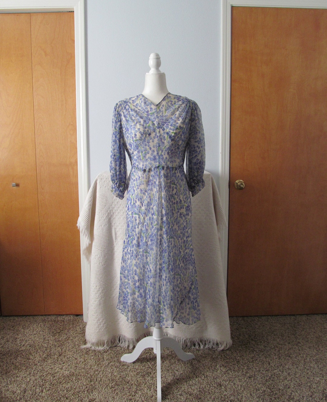 1930s Silk Chiffon Bluebell Floral Dress Bias Cut Balloon Sleeves Bust ...