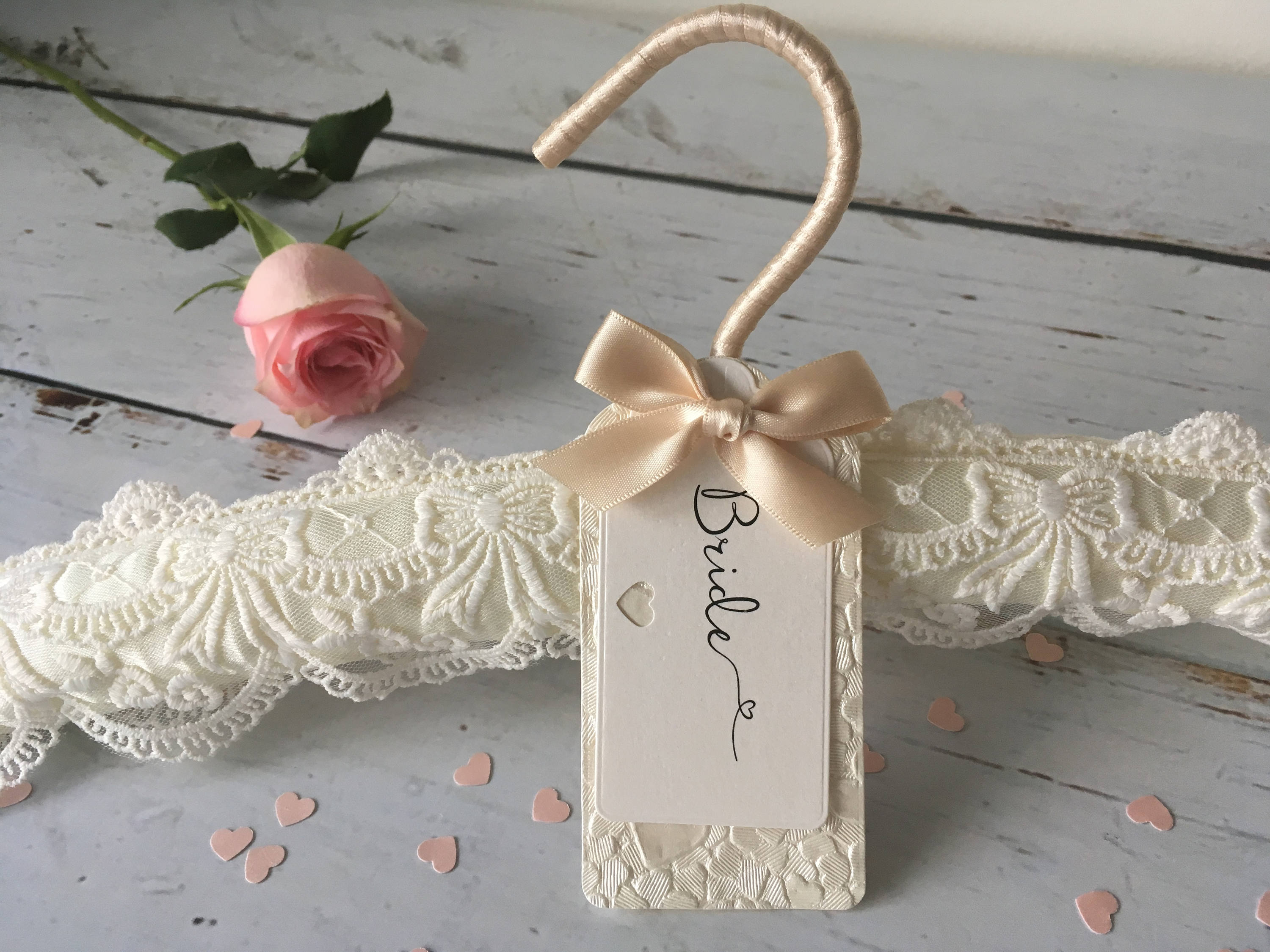 Ivory Embroidered Lace Wedding Hanger with Bespoke Label