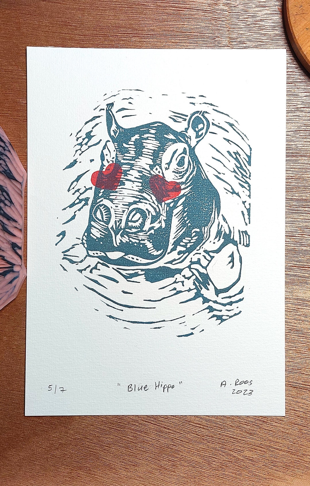 Blue Hippo Original Lino Print Limited Run A5 148 Cm X - Etsy