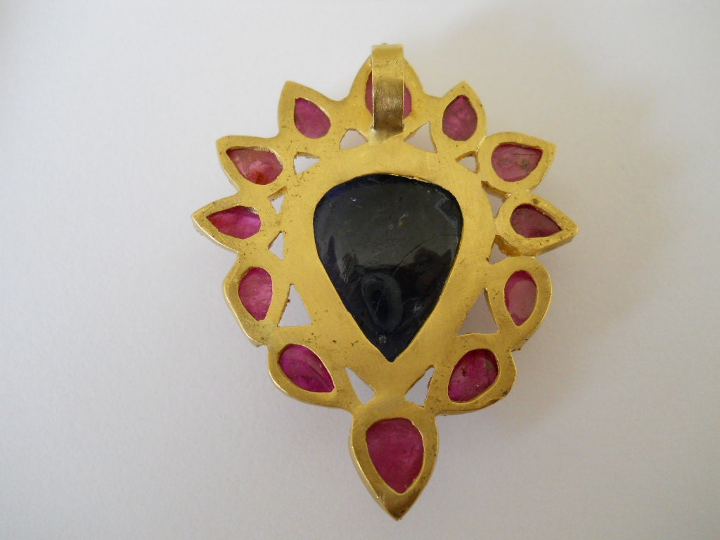 Natural Ruby Necklace, Ruby and Lolite Stone Pendant, 22K Gold, Moghul ...