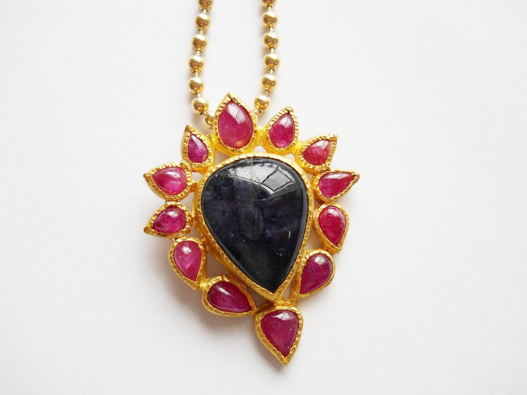 Natural Ruby Necklace, Ruby and Lolite Stone Pendant, 22K Gold, Moghul ...