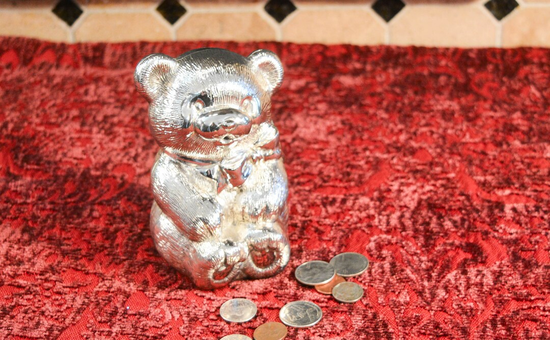 Silver Plate Teddy Bear Bank - Figural Bear Penny Bank - Child's Coin ...
